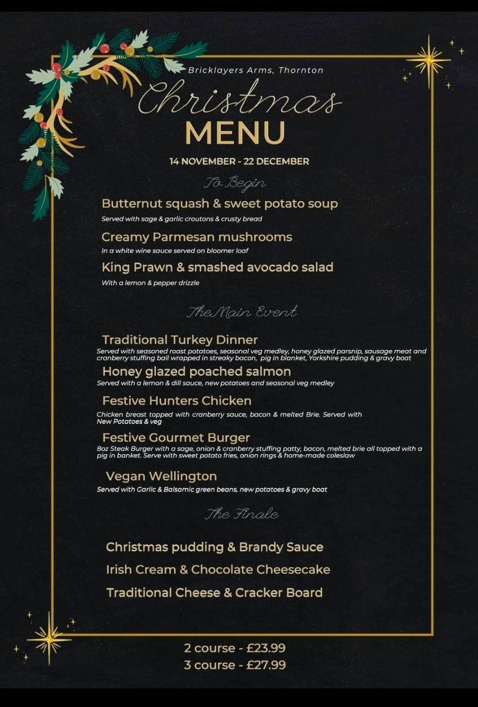 Bricklayers Arms ~ Christmas menu – Thornton